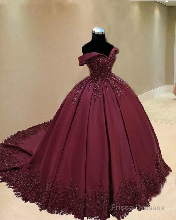 burgundy ball gown quinceanera dresses lace off the shoulder – Frisco ...