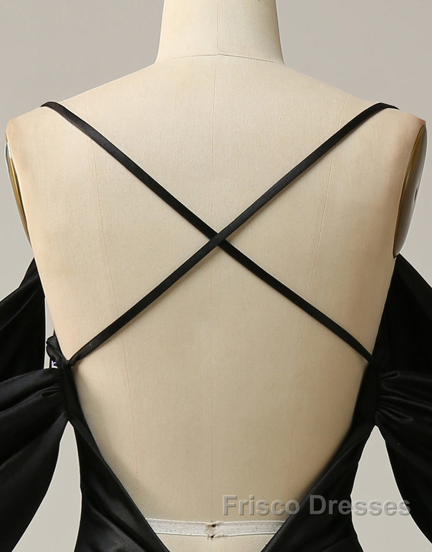 Black Off The Shoulder Criss-Cross Back Long Satin Formal Prom Dress ...