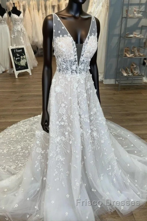 Gorgeous A-Line V-Neck Open Back Chapel Train Wedding Dress – Frisco ...