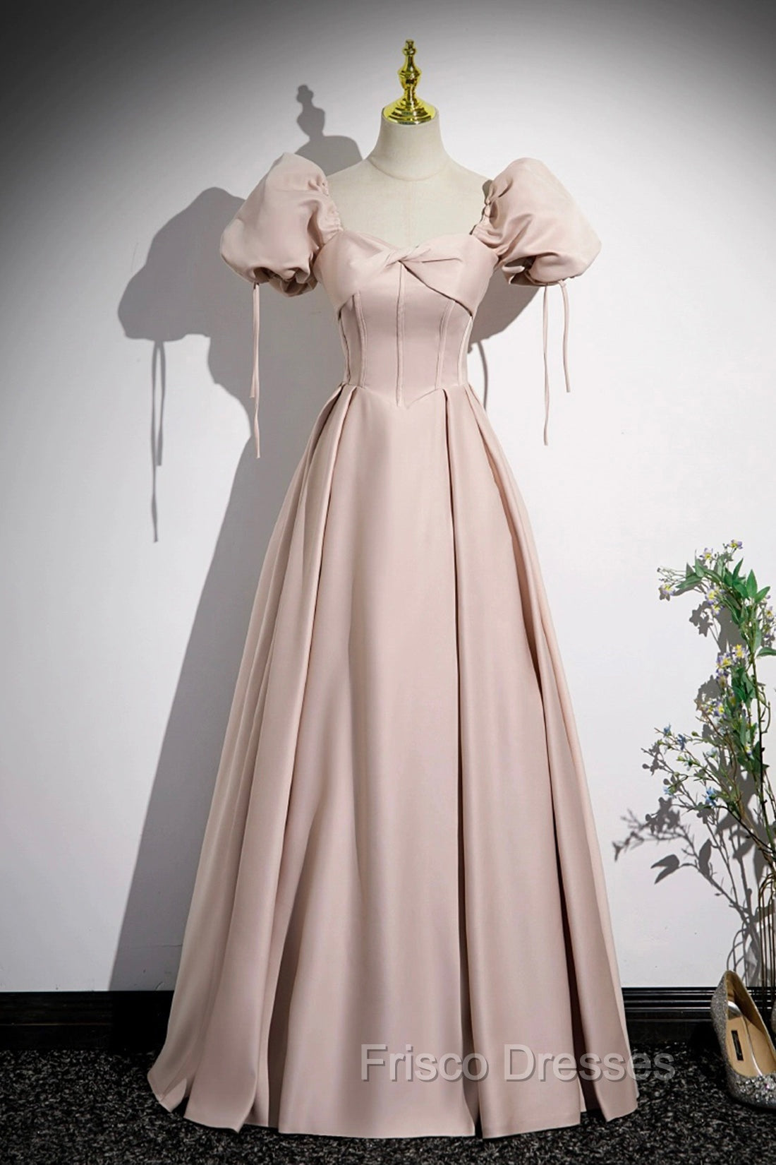 A-Line Satin Floor Length Pink Corset Formal Prom Dress, Off the Shoul ...