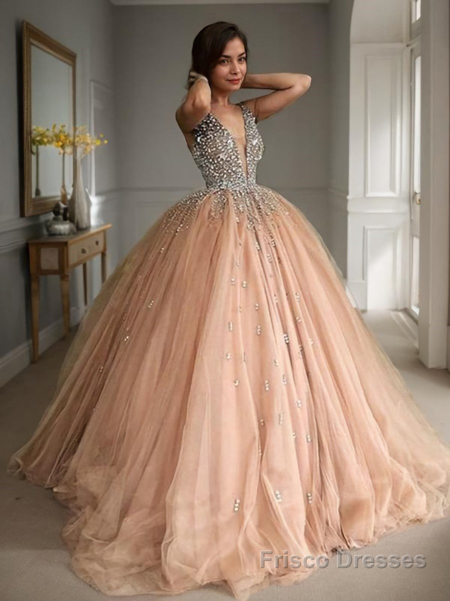 Ball Gown V-neck Sweep Train Tulle Prom Dresses With Beading – Frisco ...
