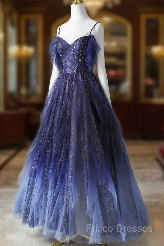 Beautiful Blue Gradient Tulle Long Formal Prom Dress, Spaghetti Strap ...