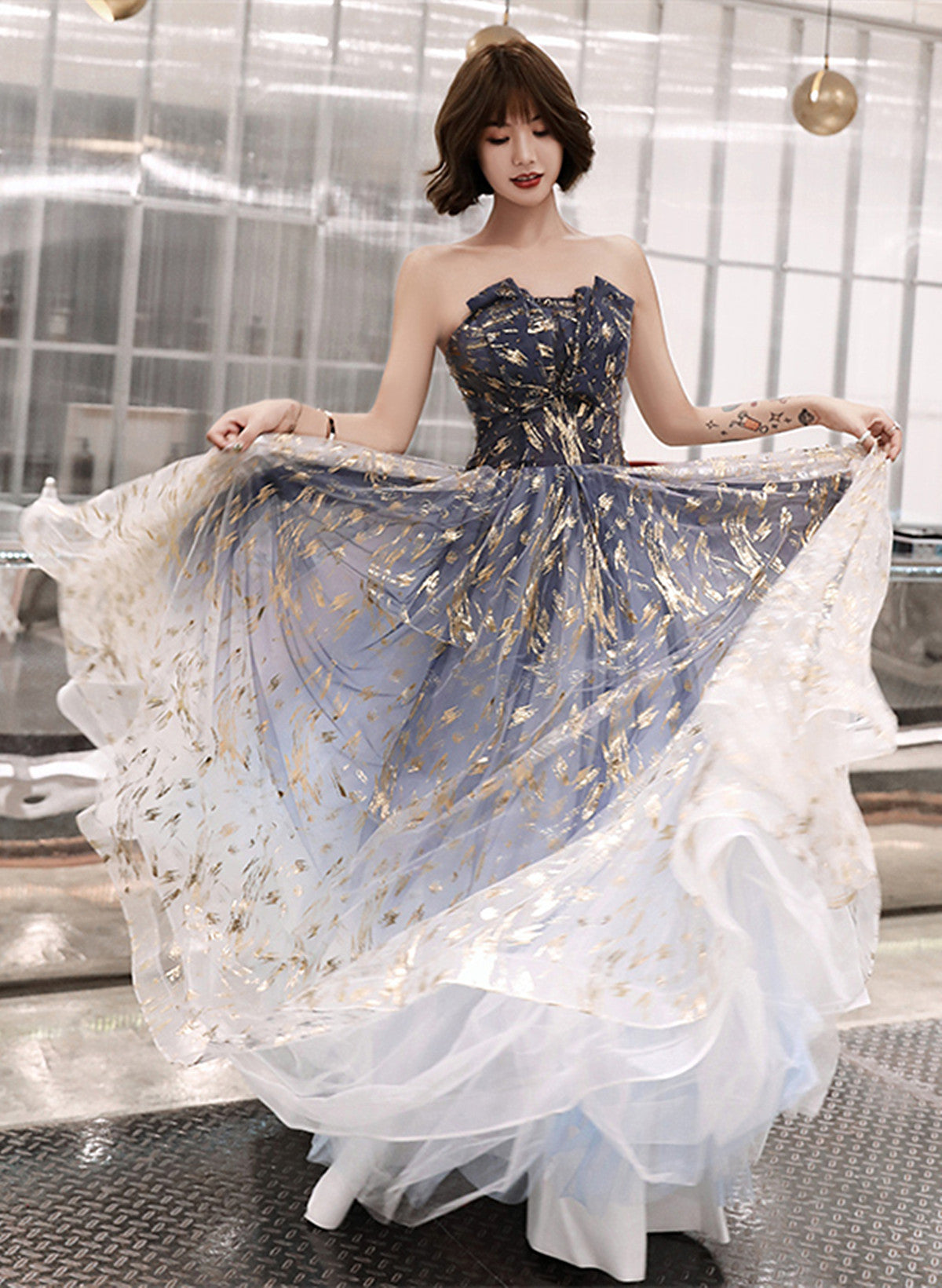 Blue Cute Tulle Gradient Long Party Dress, A-Line Blue Prom Dress Even ...