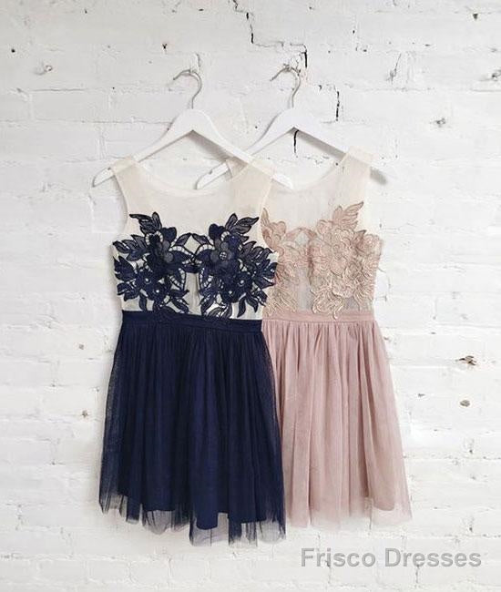 Blue Sheer Neck Lace Applique Short Prom Dress – Frisco Dresses