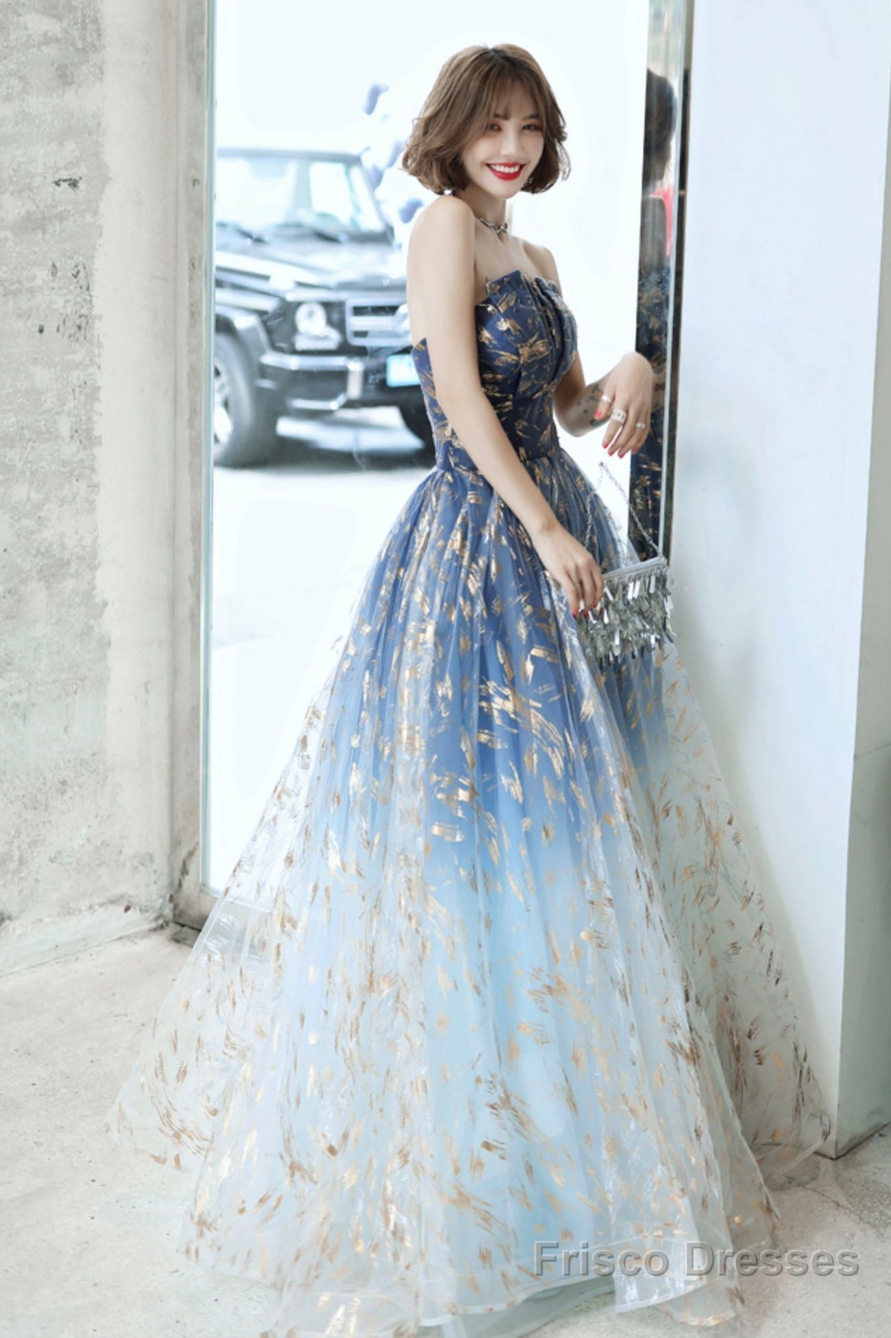 Blue Tulle Gradient Long Formal Gowns, A-Line Strapless Evening Dresse ...