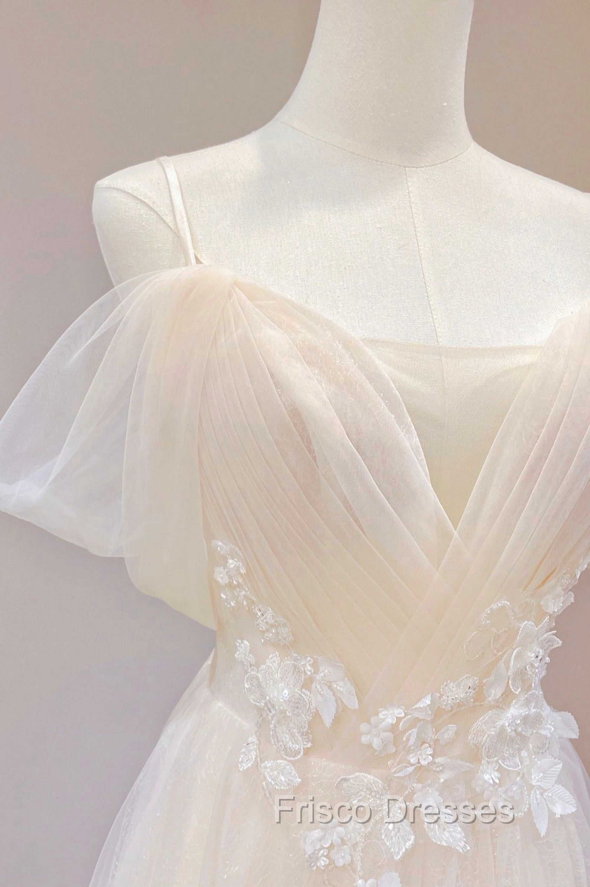 Champagne Tulle Long Formal Prom Dress with Lace, Off the Shoulder Eve ...