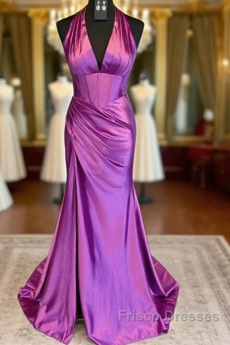 Halter Mermaid Long Formal Prom Dress With Open Back – Frisco Dresses