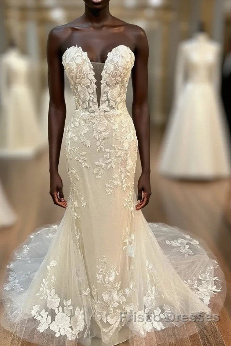 Lace Strapless Mermaid Long Bridal Gown – Frisco Dresses