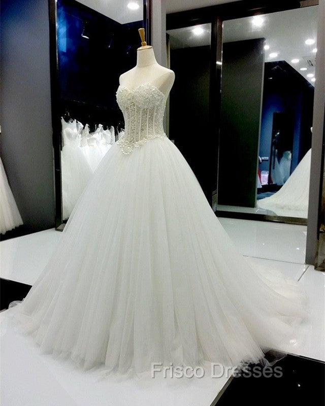 Pearl Beaded Sweetheart See Through Princess Wedding Dress – Frisco Dresses