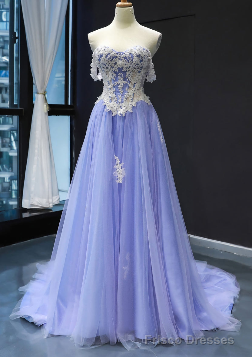 Princess Off-the-Shoulder Sweep Train Tulle Satin Prom Dresses With Ap ...