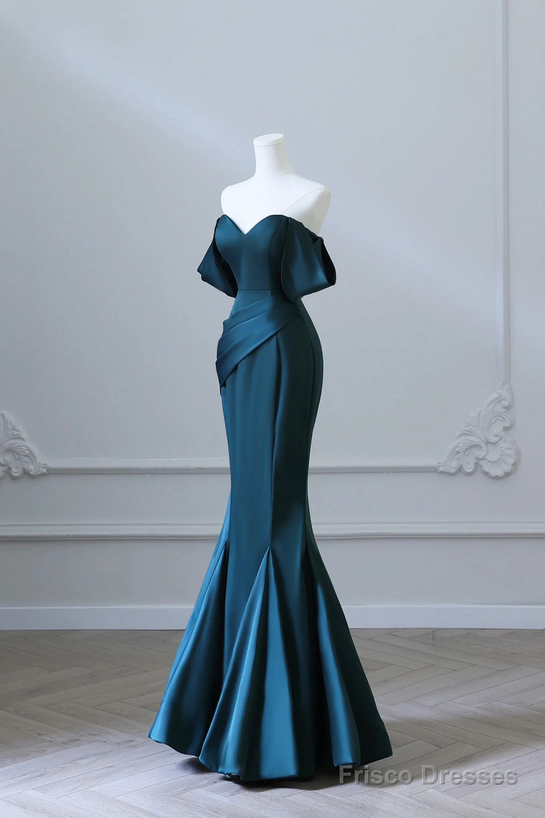 Simple Off Shoulder Satin Ink Blue Long Prom Dress, Ink Blue Mermaid F ...