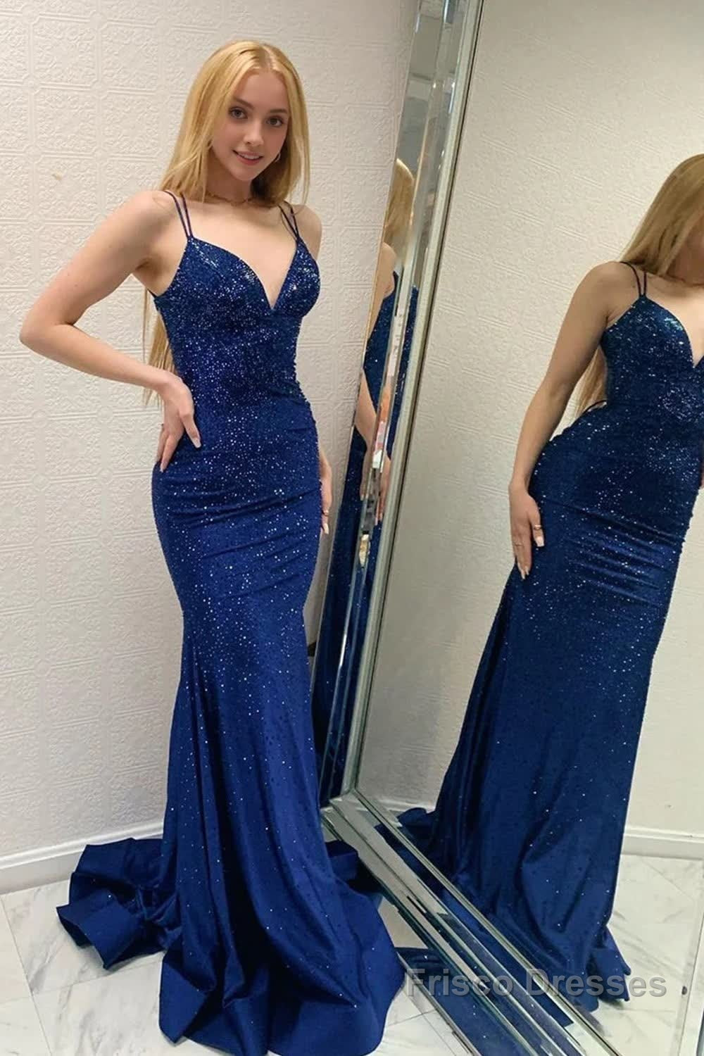 Sparkly Navy Beaded Mermaid Backless Long Prom Dress – Frisco Dresses