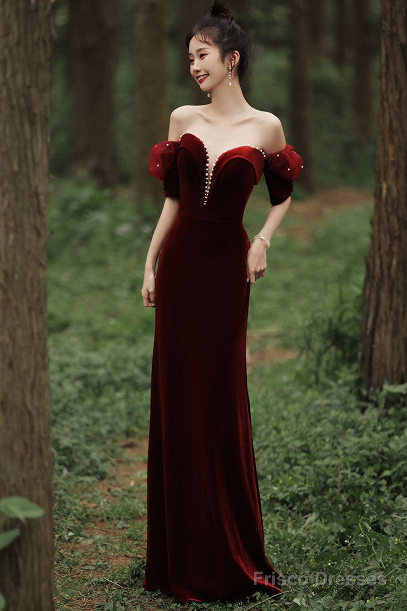 Wine Red Off Shoulder Velvet Mermaid Wedding Party Dress, Wine Red Lon ...